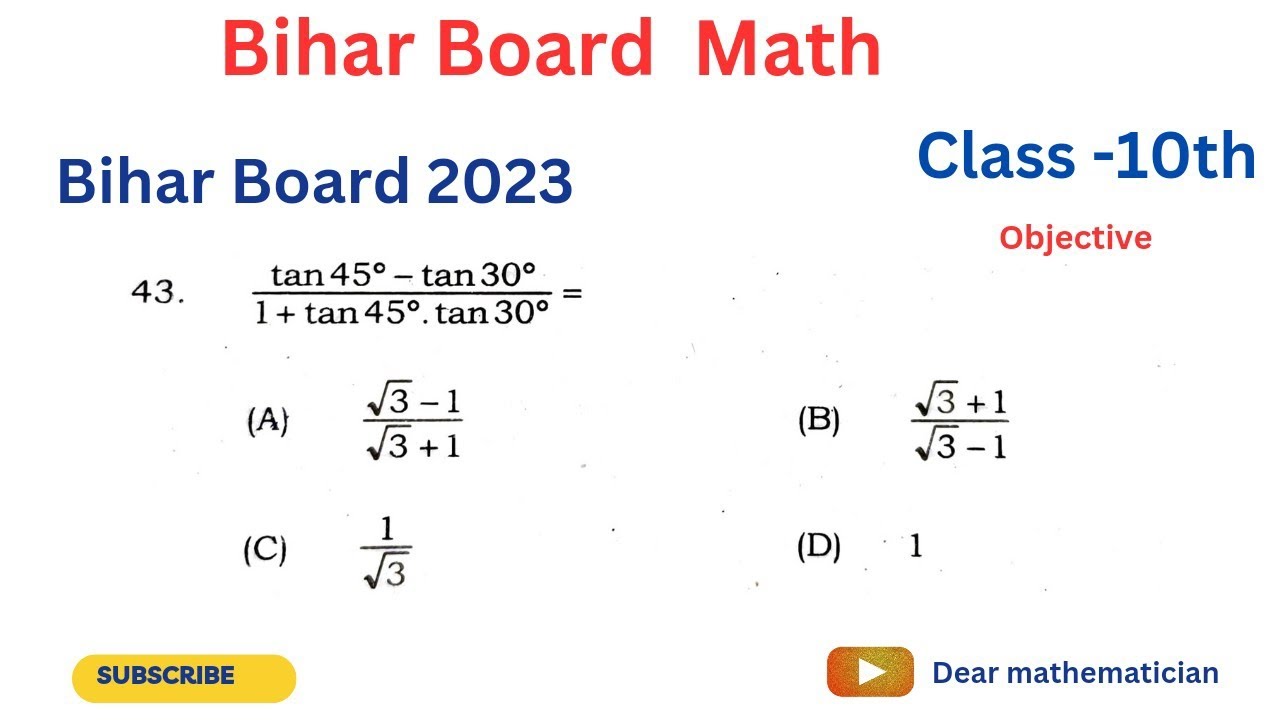 43. (tan45°-tan30°)/(1+tan45°.tan30°)= - YouTube