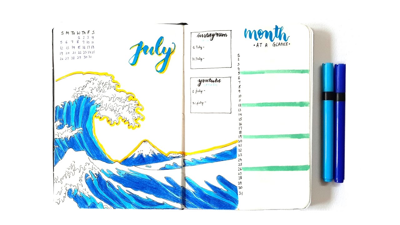 PLAN WITH ME | JULY Bullet Journal 2020 Setup | Aesthetic Wave Theme ...