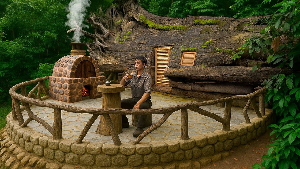 I building a Complete Bushcraft Survival House on a Giant Fallen Tree ...