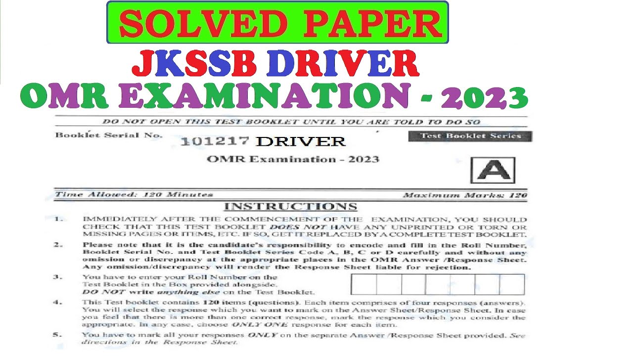 PREVIOUS YEAR SOLVED PAPER OF JKSSB DRIVER 2023 OMR PAPER WITH ANSWER ...