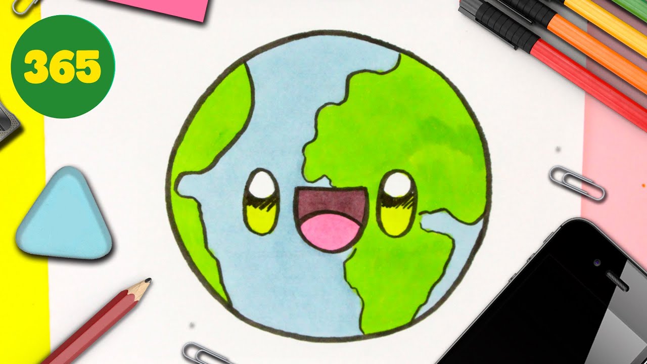 How to Draw a Cute and Kawaii Planet Earth – Step by Step Tutorial ...