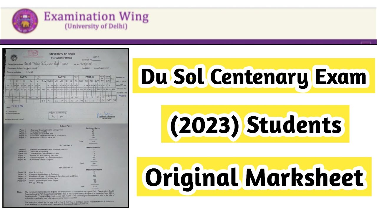 Du Sol Centenary Exam 2023 Original Marksheet Collection | Ran2goal (DU ...