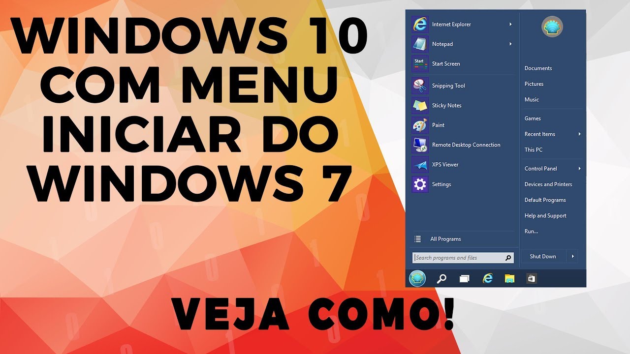 Utilizando o Menu Iniciar do Windows 7 no Windows 10 - YouTube