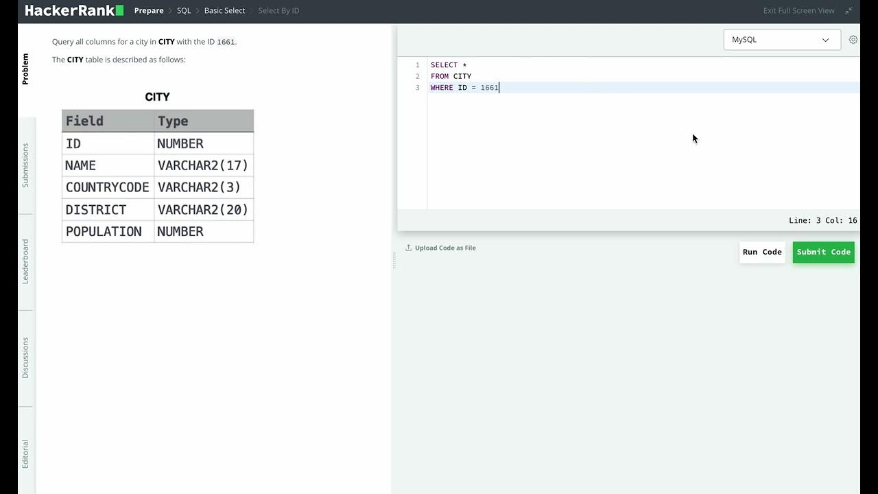Hackerrank Sql Solution #4 Basic Sql - Select By Id - Youtube