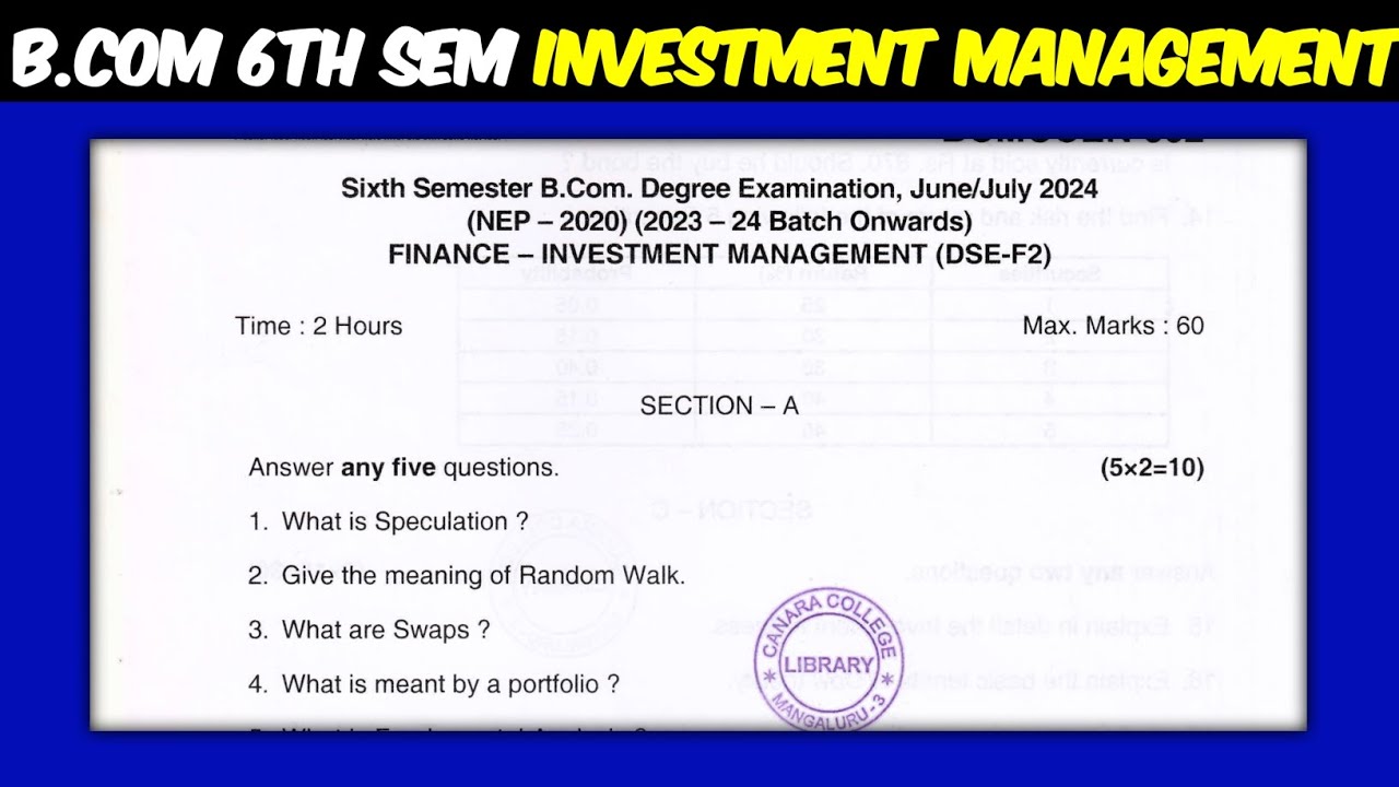 B.Com 6th sem Investment Management question paper 2024 | NEP question ...