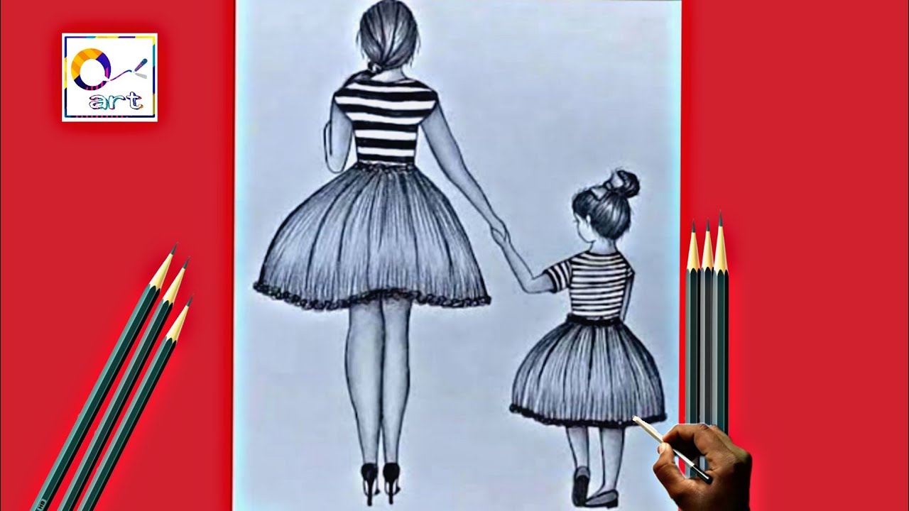 How to Draw A Beautiful Sketch Of Elder & Younger Sisters With Frock ...