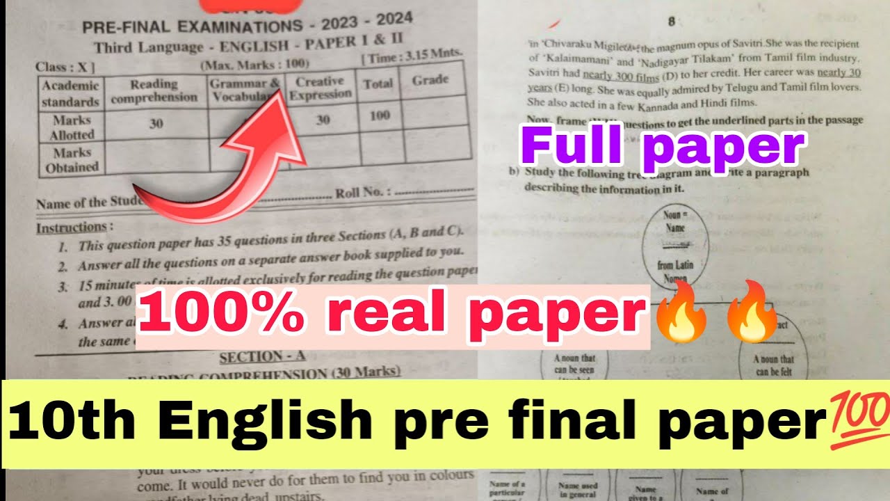💯10th english pre final question paper 2024|ap 10th class english pre ...