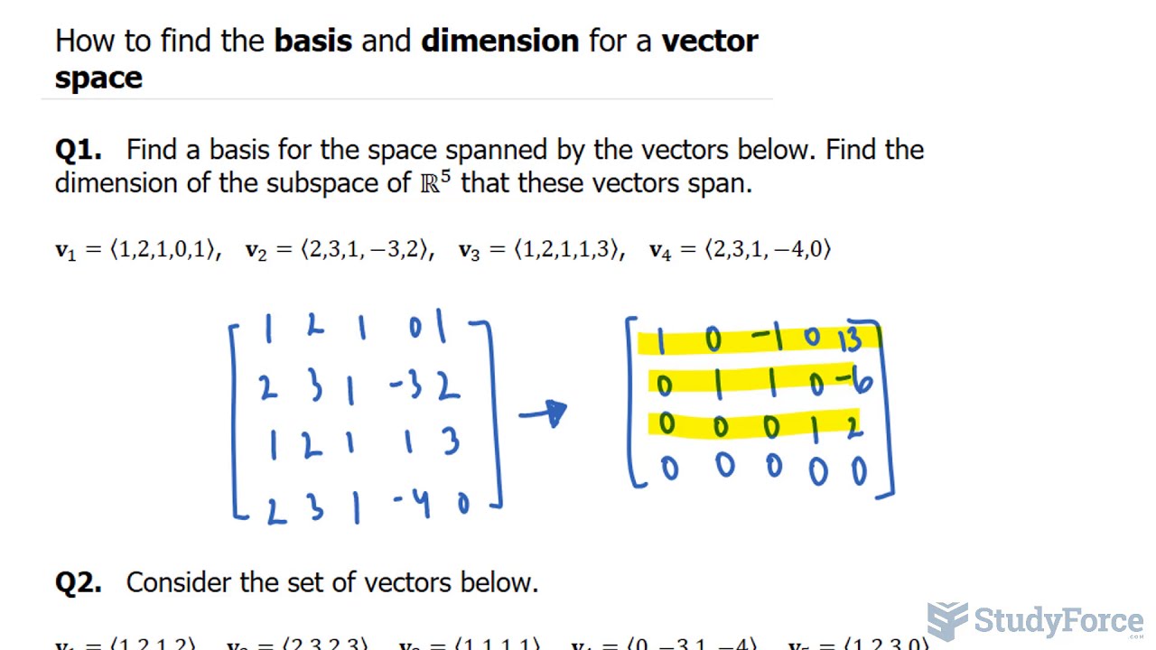 ๐ Find The Basis And Dimension For A Vector Space Youtube