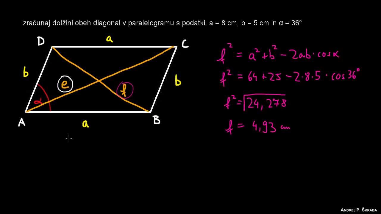 Uporaba kosinusnega izreka v paralelogramu - YouTube