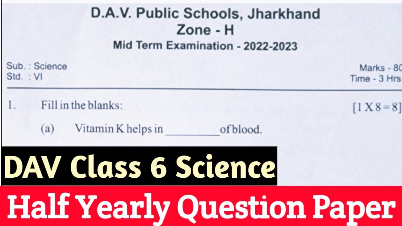 ||DAV Class 6 Science Half Yearly Question Paper 2022 23|| - YouTube