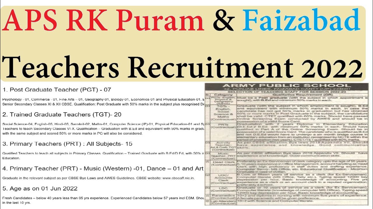 APS RK PURAM & FAIZABAD PGT TGT PRT TEACHERS RECRUITMENT 2022 || ALL ...