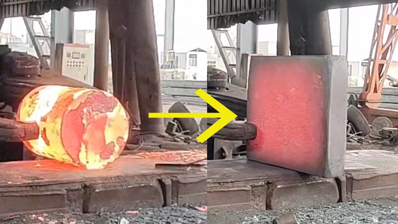 Forging a giant cylinder into a rectangular iron block | Amazing heavy ...