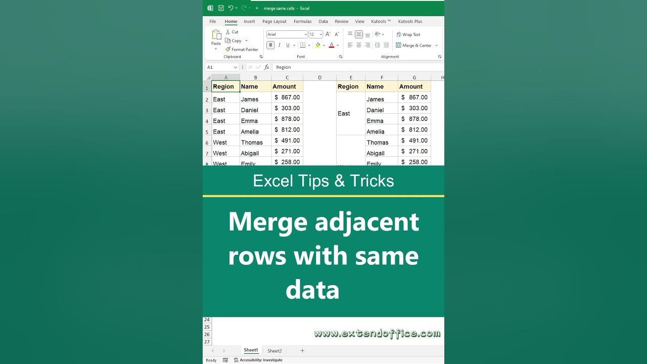 Merge adjacent rows with same data - YouTube