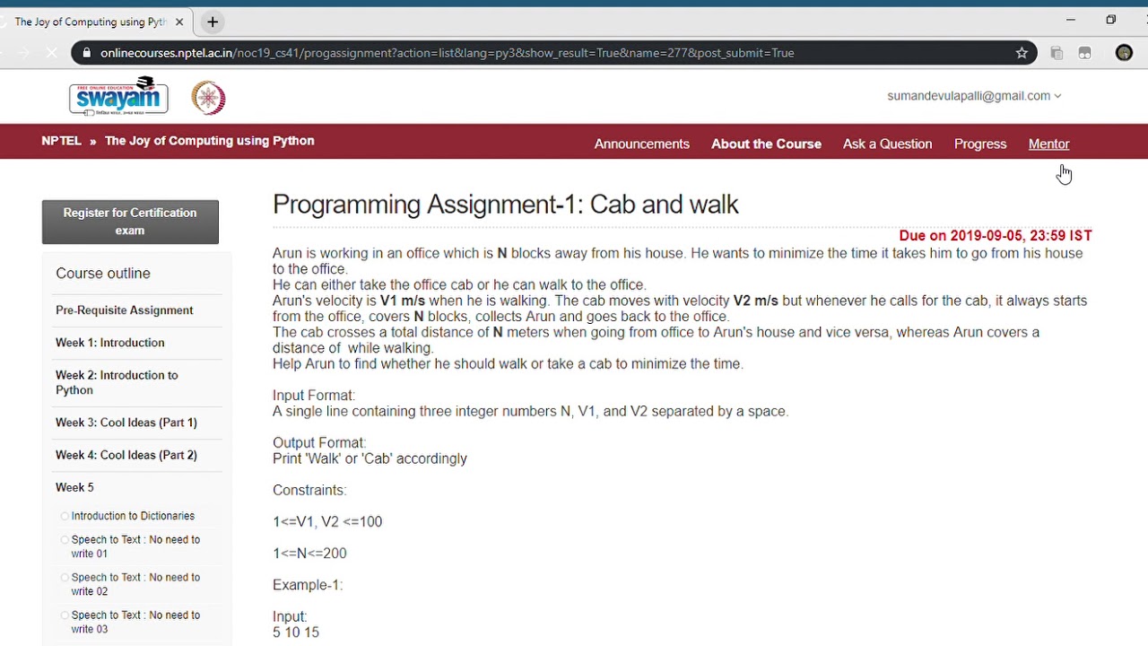 Nptel Week 5 Cab And Walk The Joy Of Computing Using Python
