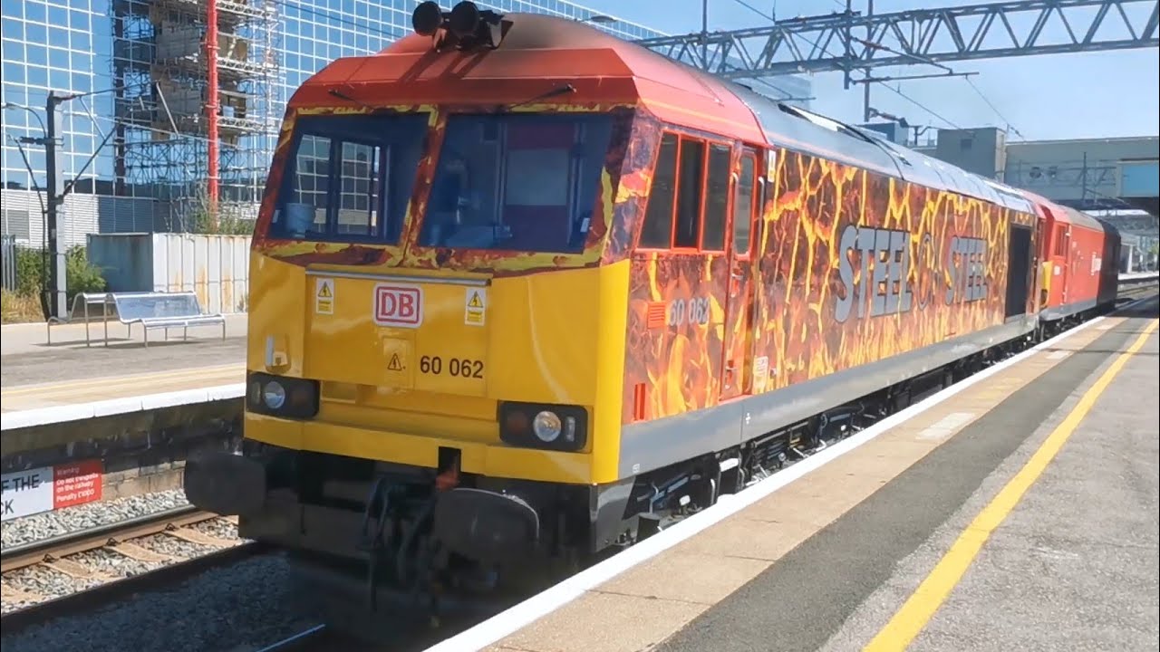 DB Cargo Steel on Steel Class 60 Diesel 60062 Leads Class 92 Electric ...