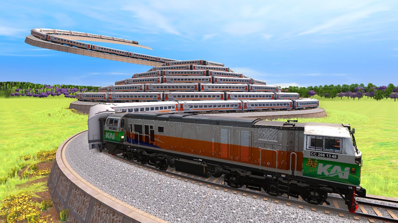 High Speed Train Drops From The Sky | Pyramid Railroad Track | Trainz ...