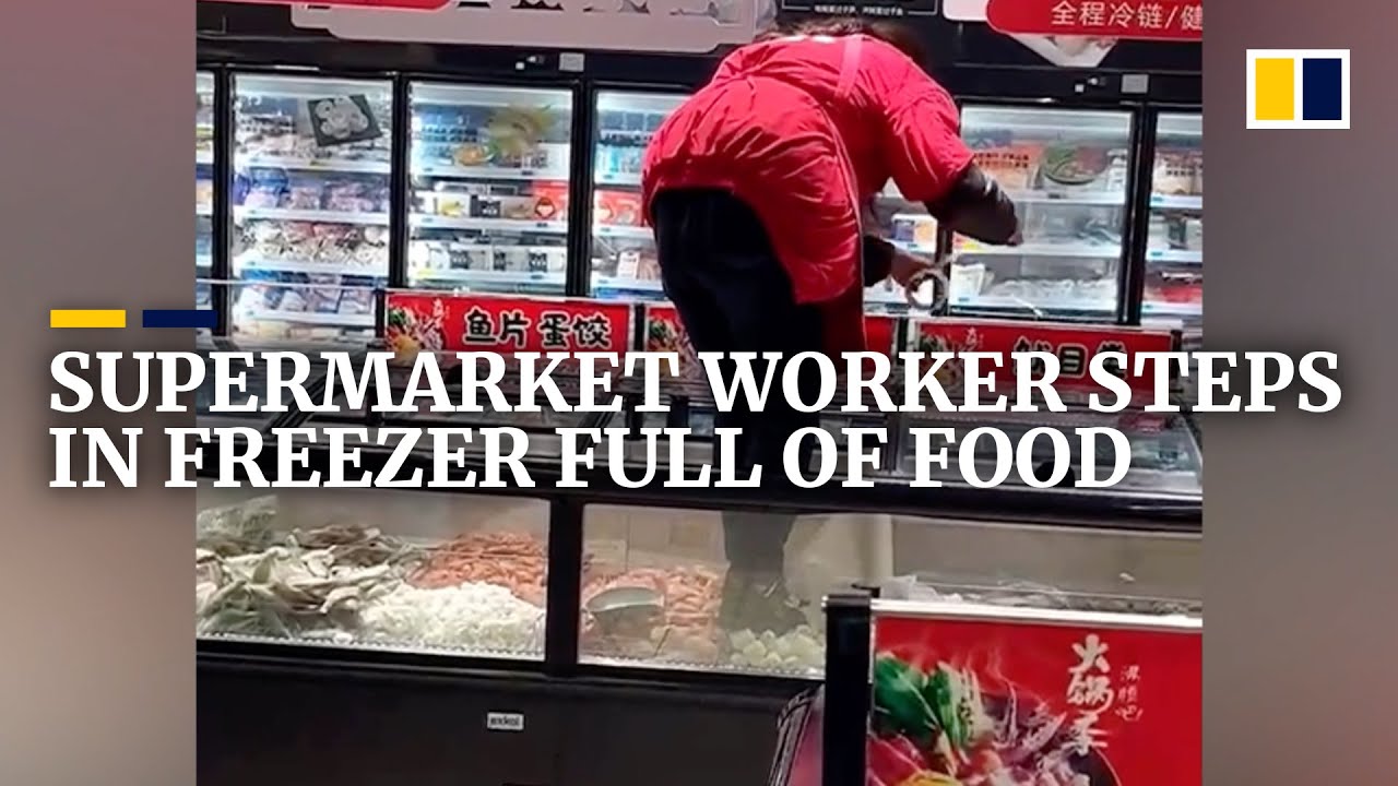 Supermarket worker in China steps in freezer full of food - YouTube