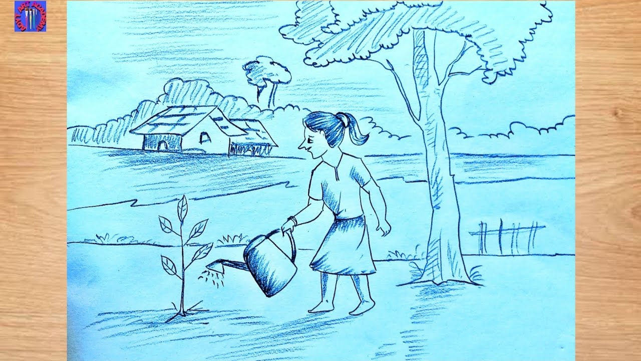 how to draw a girl planting tree || World environment day drawing ...