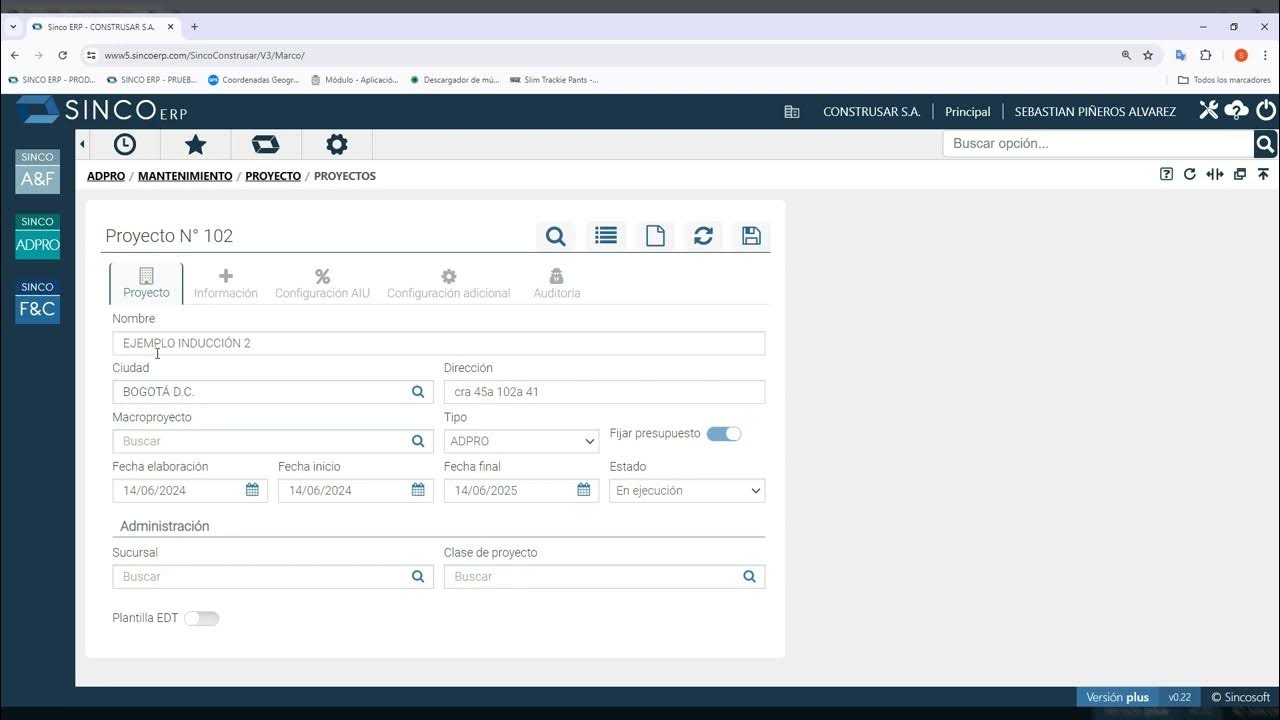 ASIGNAR SUCURSAL A PROYECTO - SINCO ERP - CONSTRUSAR S.A. - YouTube
