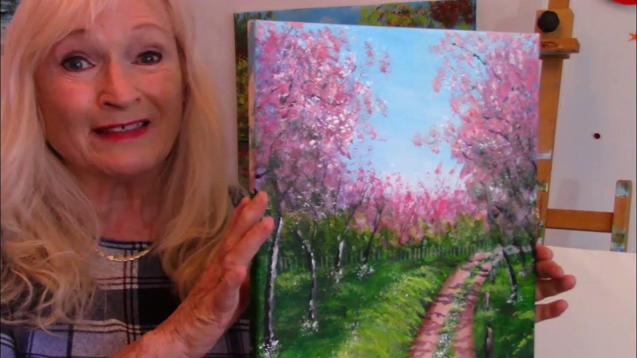 How to paint "Pink Spring Path and Tree's " Country Landscape painting ...