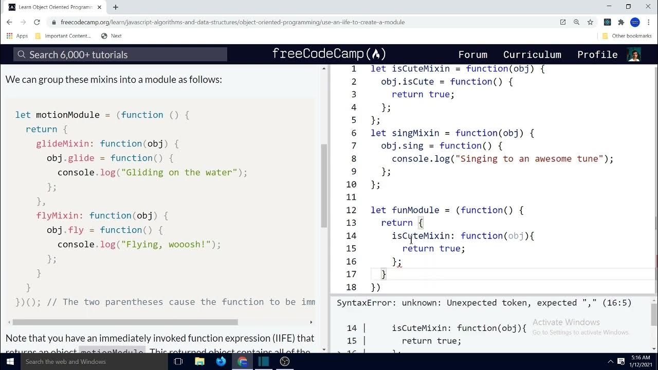 Use An Iife To Create A Module Object Oriente Youtube