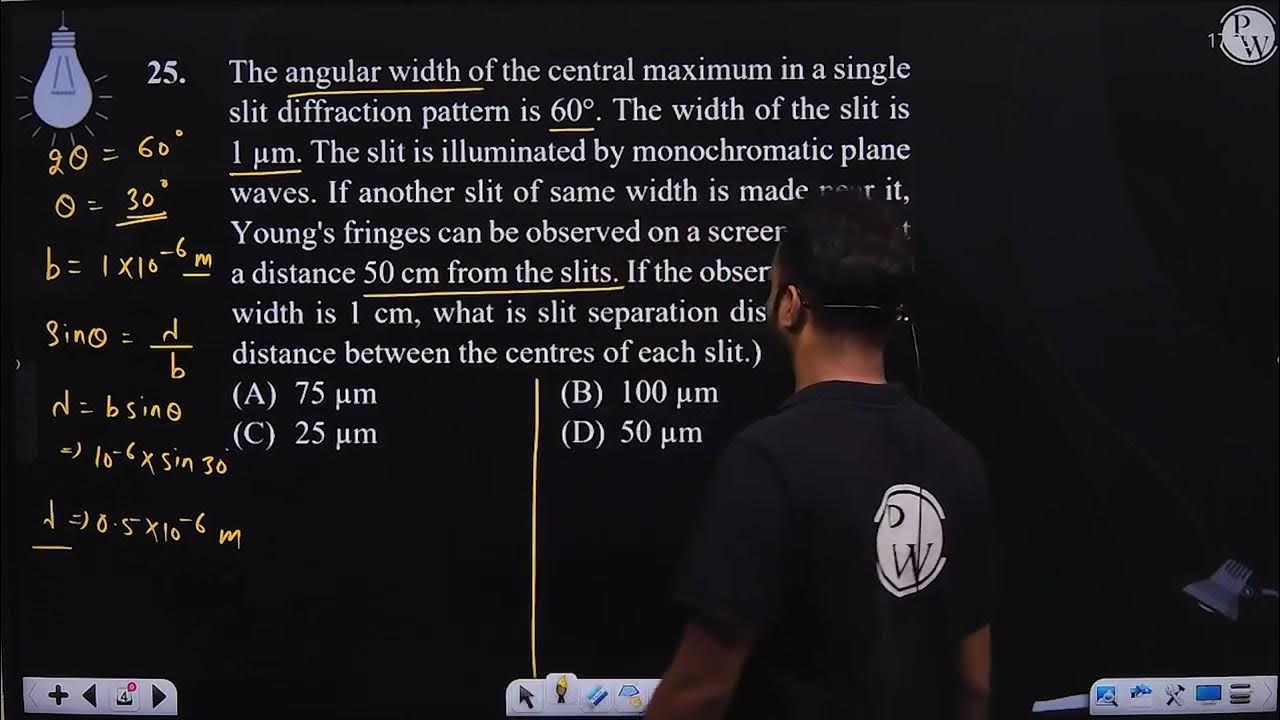 The angular width of the central maximum in a single slit diffraction pattern is 60°. The wi ...