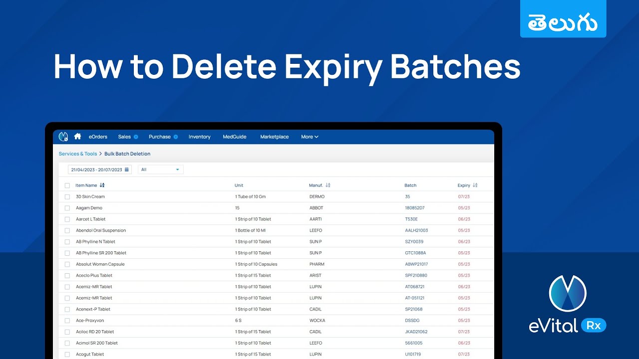 How to Delete Expiry Batches_Telugu_eVitalRx - YouTube