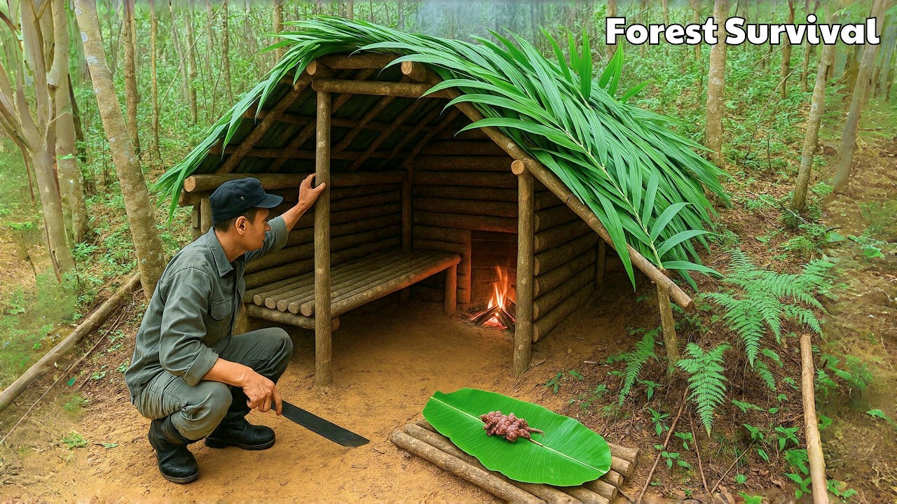 Building a Survival Shelter with Grass Roof and Underground Fireplace ...