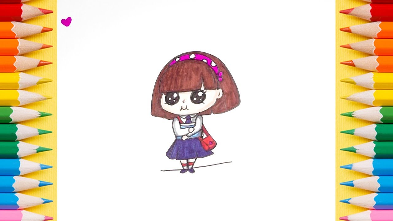 How to Draw Cute School Girl Easy | Coloring Book Page and Drawing ...