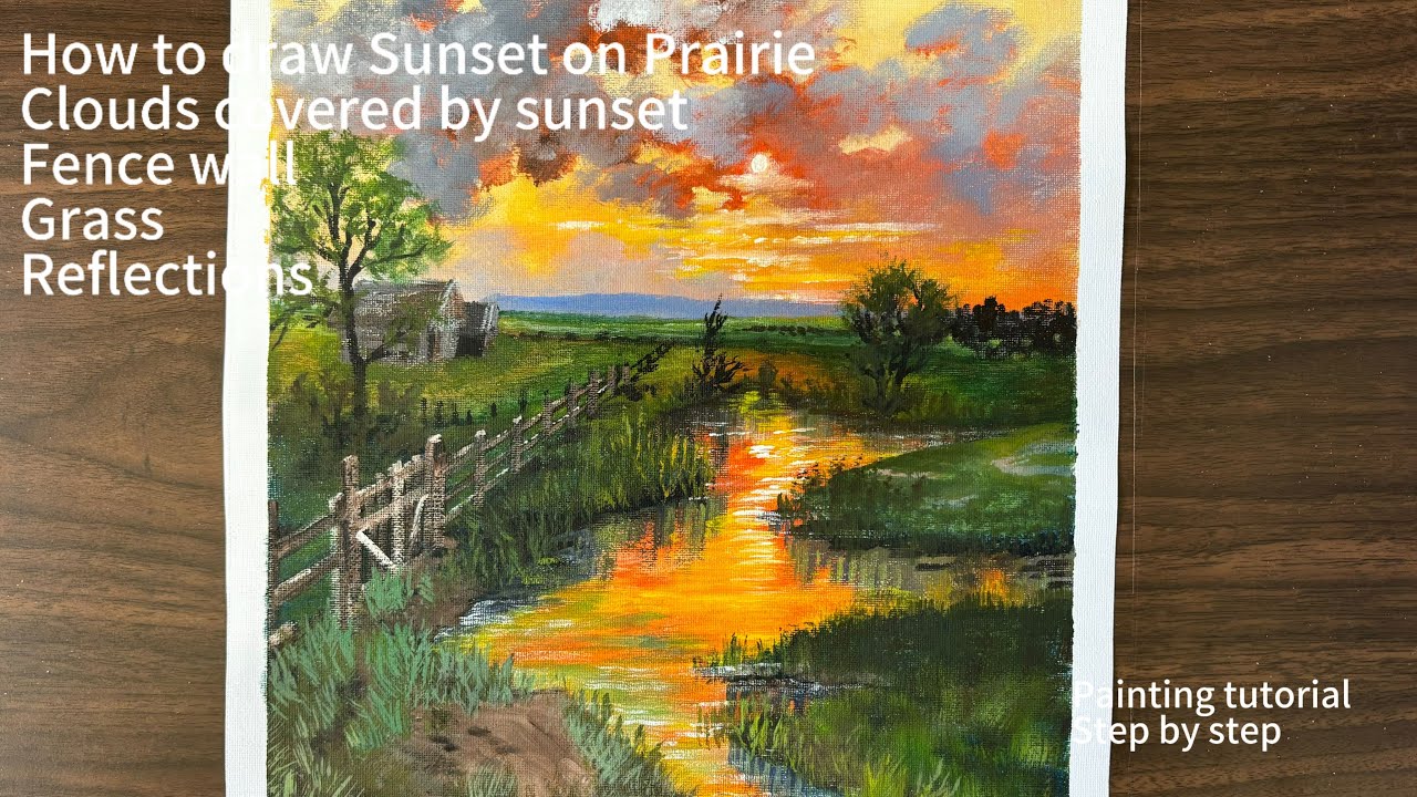 How to paint Sunset on Prairie/Landscape painting tutorial/Step by Step ...