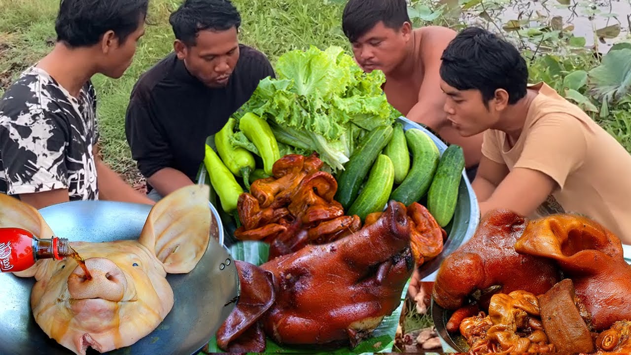Survival Skill Roasted Pig Head with Coca Cola – Pig Head Cooking with ...