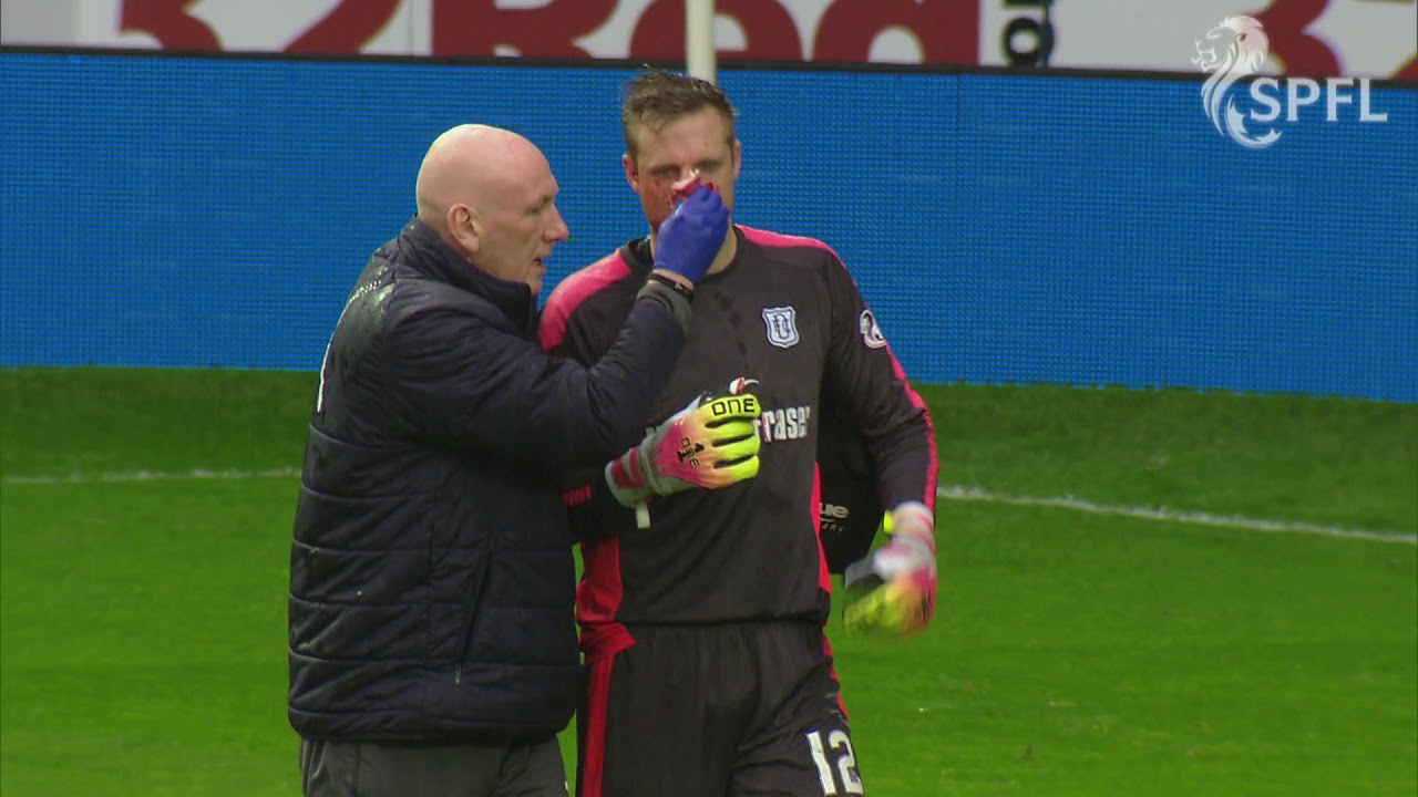 Goalkeeper left bloodied during Premiership defeat - YouTube