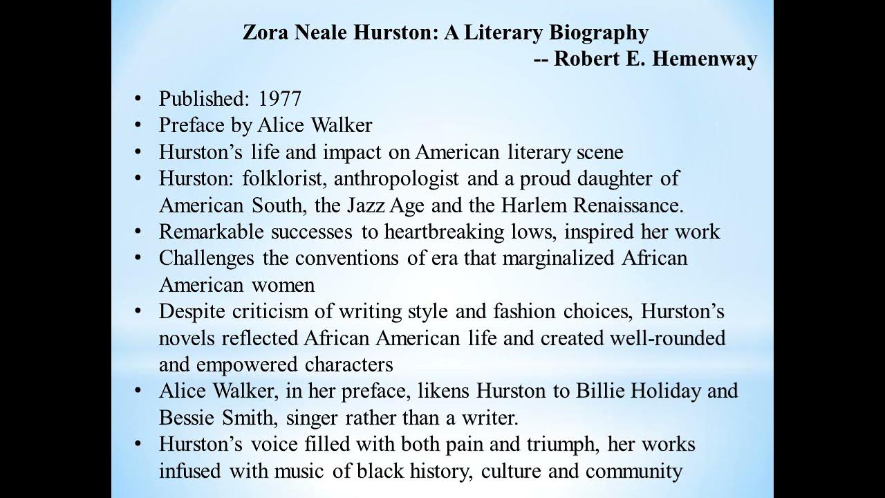 Robert Hemenway's "Zora Neale Hurston: A Literary Biography" (Summary) - YouTube