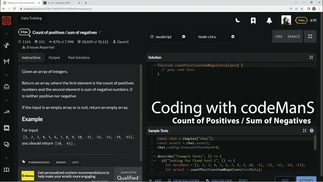 Codewars 8 Kyu Count Of Positives Sum Of Negatives Javascript Youtube
