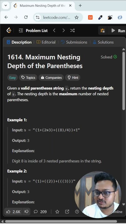 Maximum Nesting Depth of the Parentheses - Leetcode 1614 - JavaScript Solution - YouTube