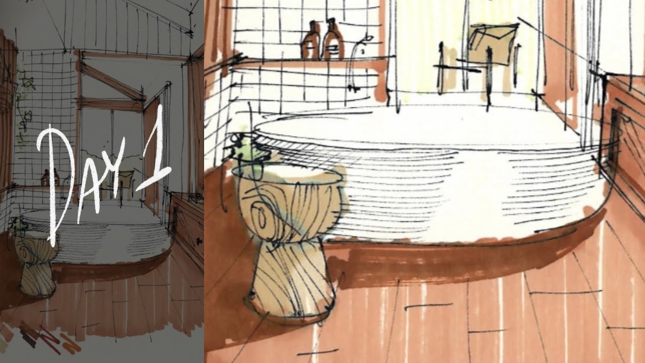 ️Watch Day 1: Interior Sketching with Markers/Bathroom Sketch in 1 ...
