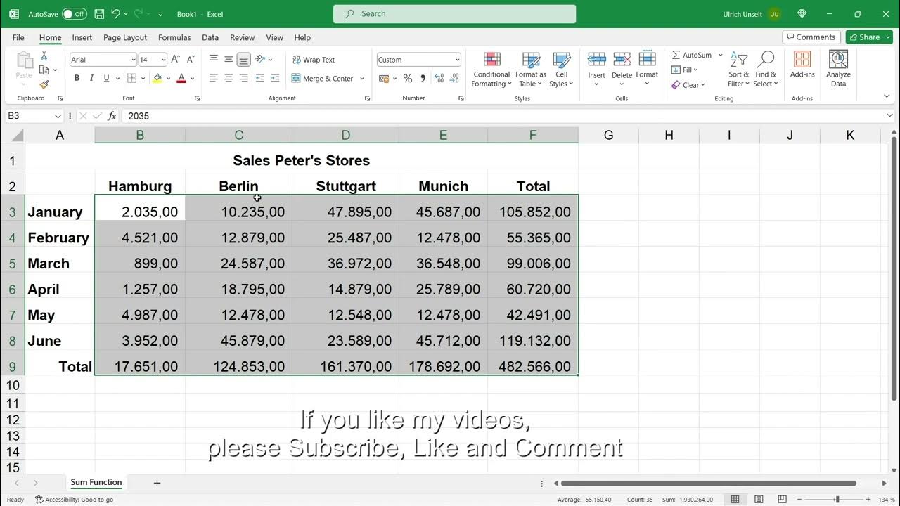 MS Excel Tutorial 2: The sum() Function, Comma Style and Currency Symbols - YouTube