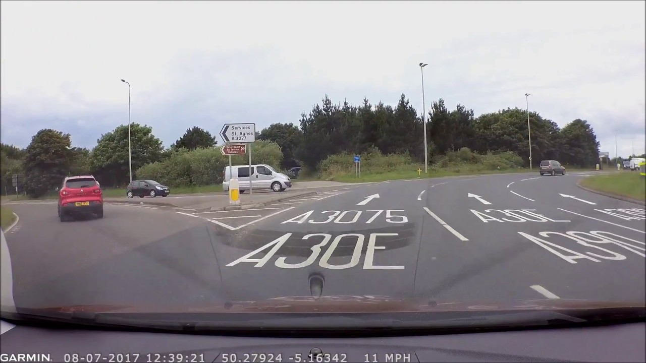 Very near miss at Chiverton Cross roundabout Cornwall A30. - YouTube