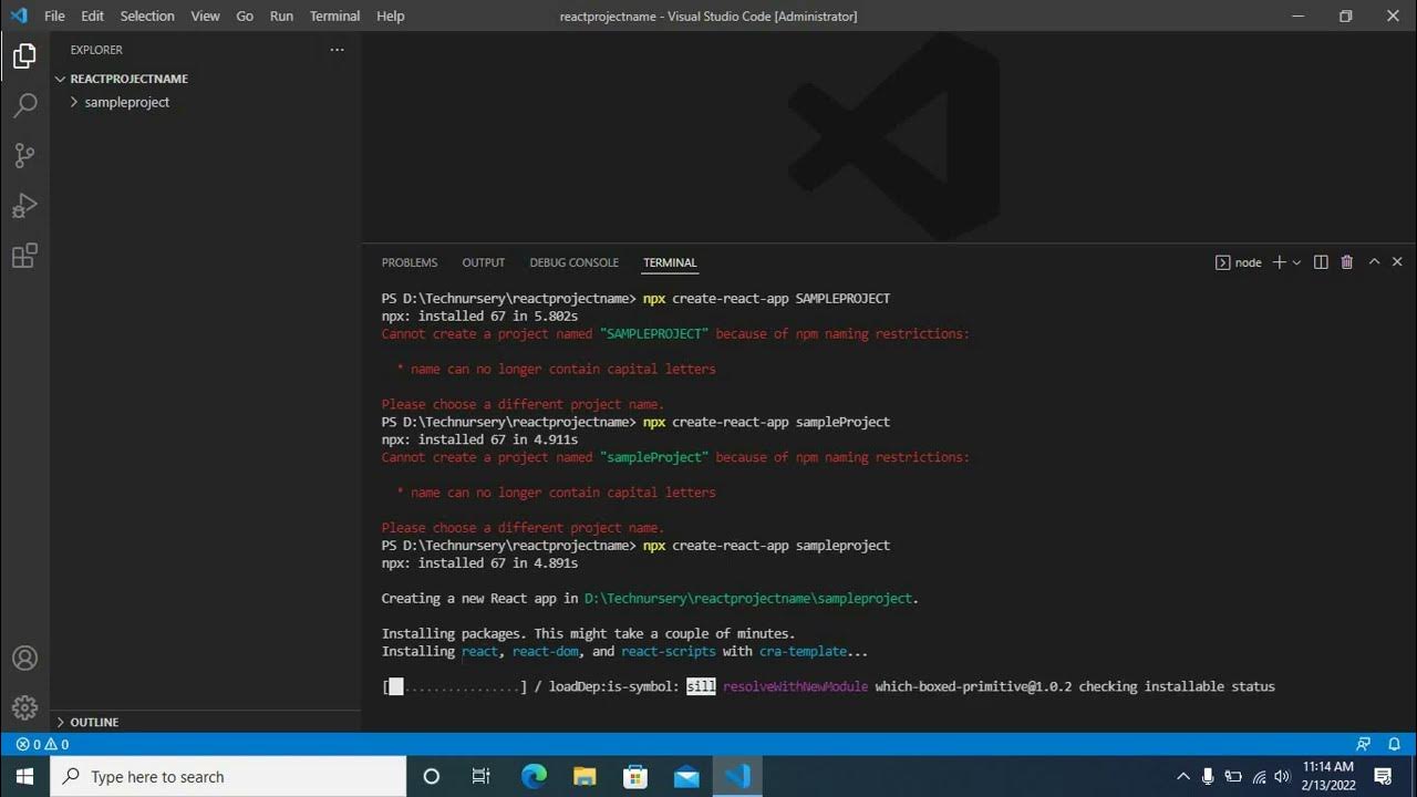 Cannot create a project named because of npm naming restrictions name ...