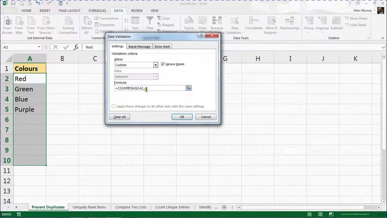 5 Reasons to use COUNTIF - #1 Prevent Duplicate Entries in a Range - YouTube