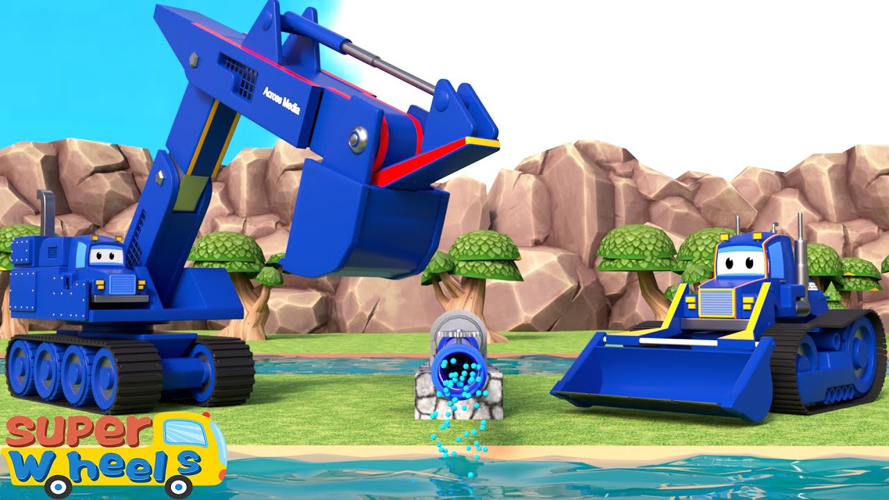 Construction vehicles repair car wash building—dump truck, bulldozer ...