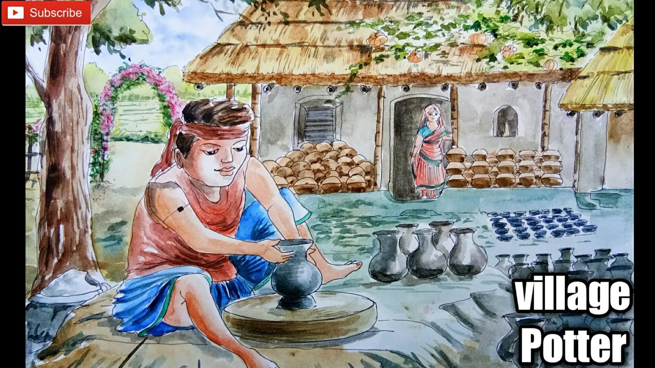 Scenery drawing of village potter, How to draw potter,Rural life ...