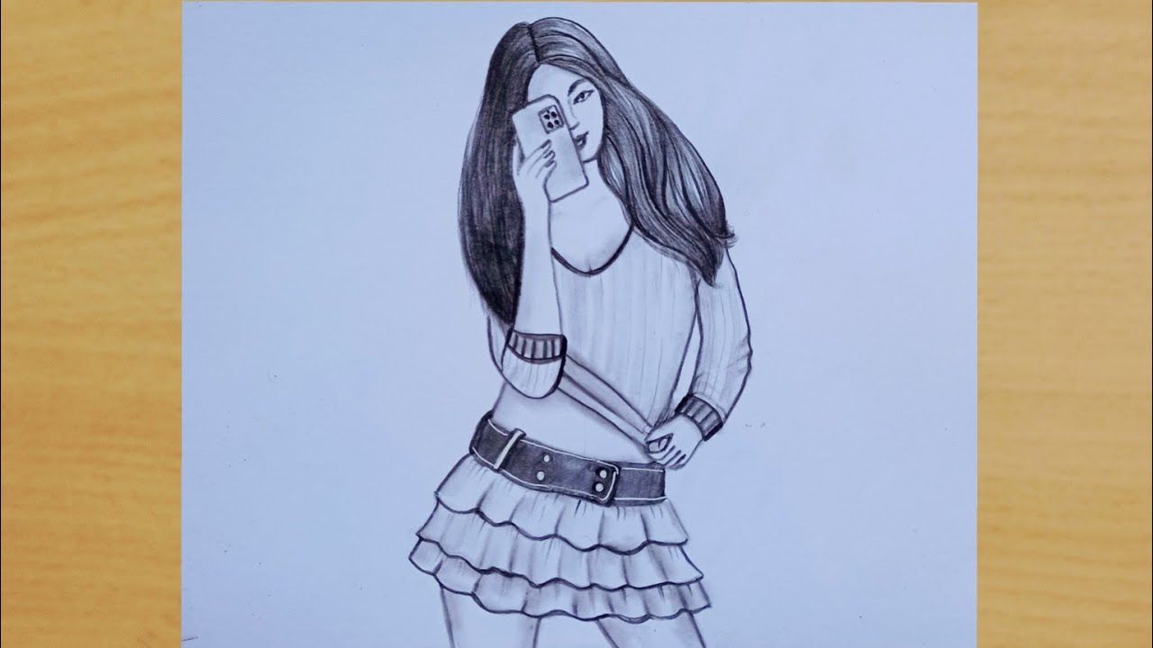 How to draw a girl taking selfie / pencil sketch / easy drawing step by ...