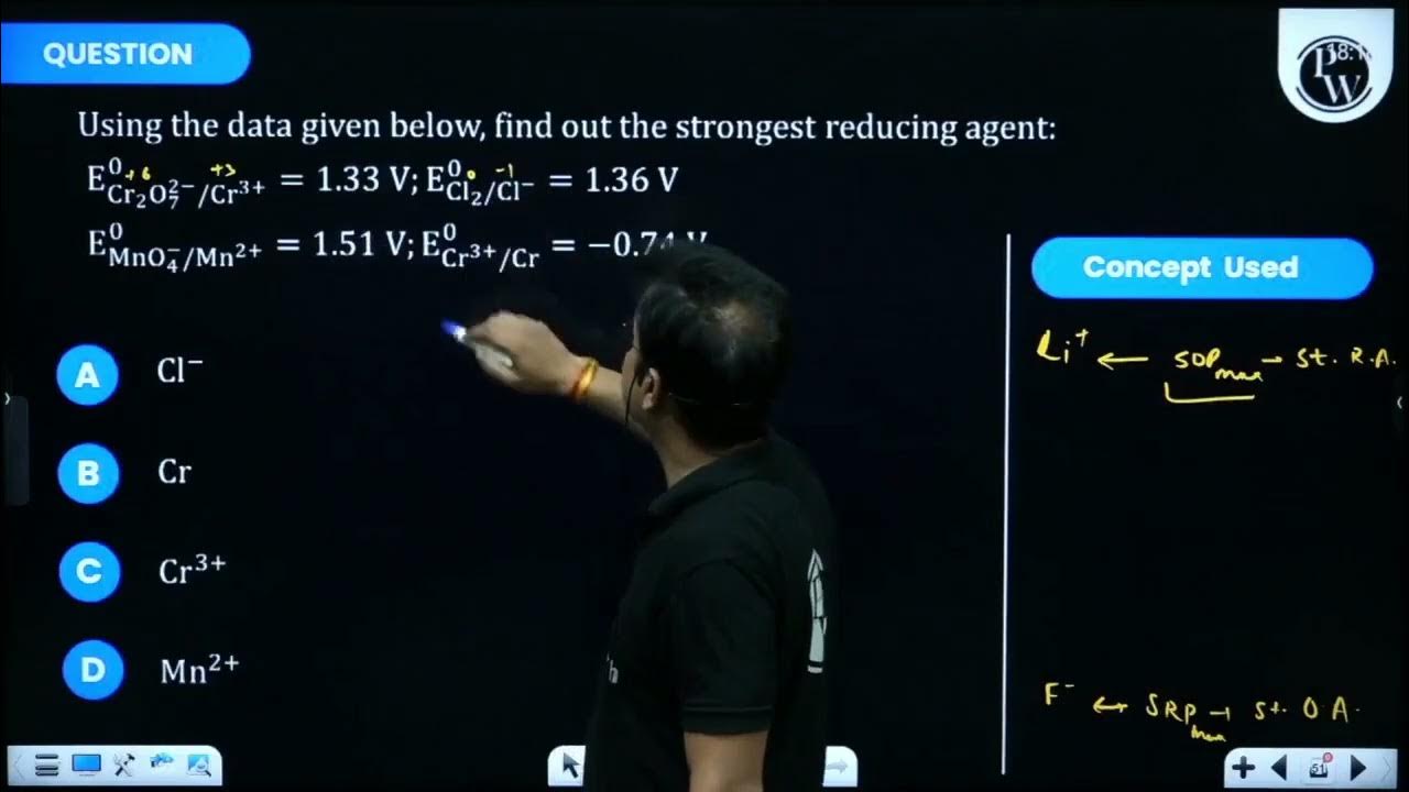 Using the data given below, find out the strongest reducing agent:\(\begin{aligned}& E _{ Cr ...