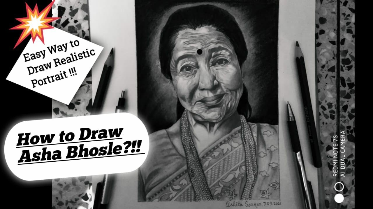 Asha Bhosle।Singer।Portrait Drawing।Easy Way to Draw Realistic Portrait ...