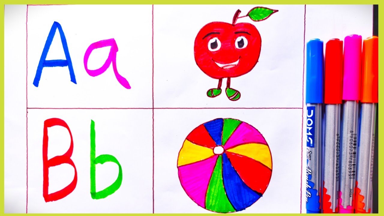 ABCD Video | A for Apple B for Boll | Kids Drawing | Apple Drawing ...