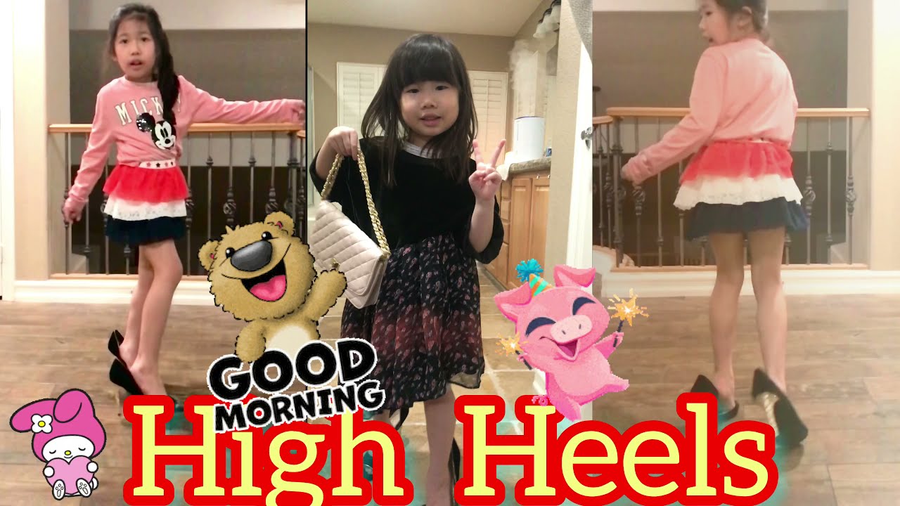 Kids with High heels shoes walking growing up, fun kids fashion show ...