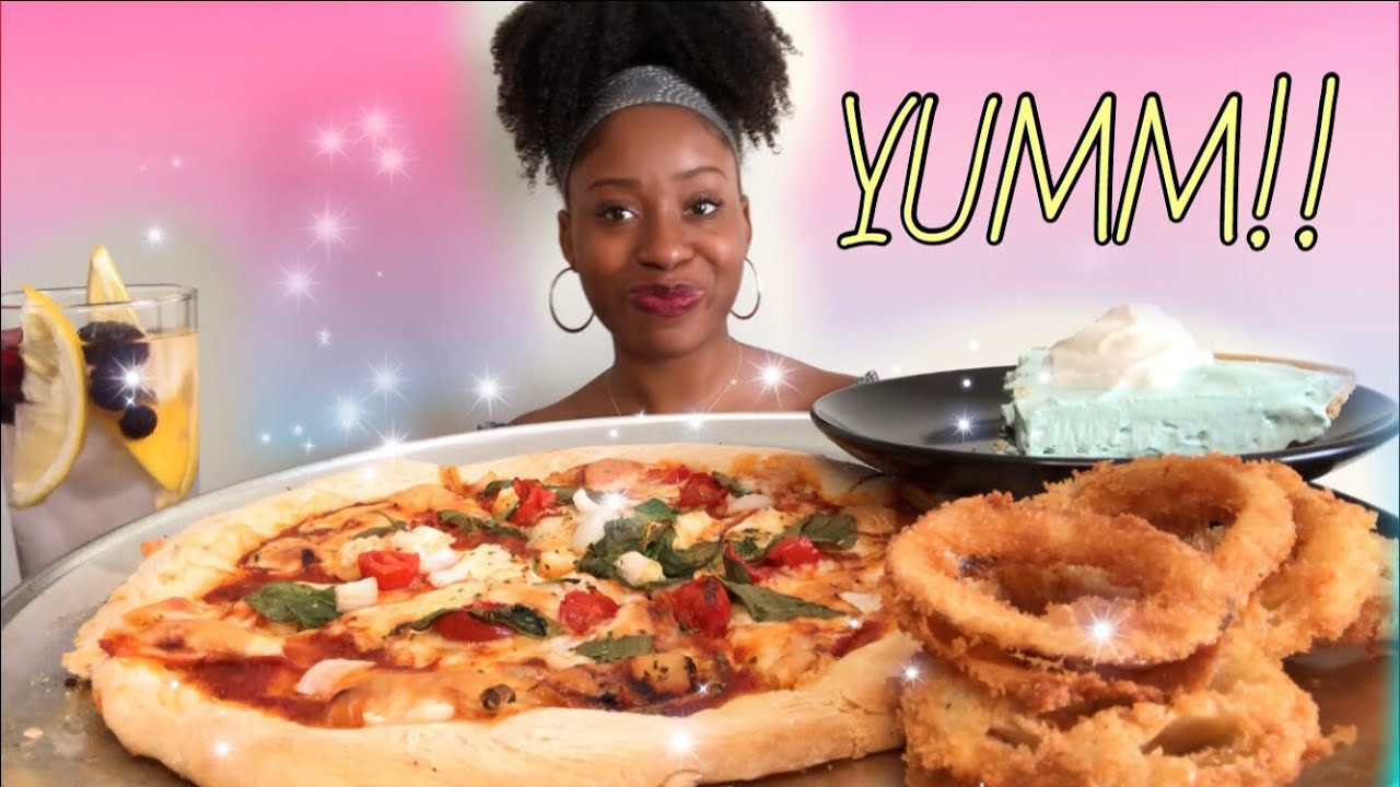 EPIC CHEAT DAY A MOUTH FULL OF VEGGIES PIZZA ONION RINGS AND KOOL AID PIE MUKBANG EATING SHOW ...