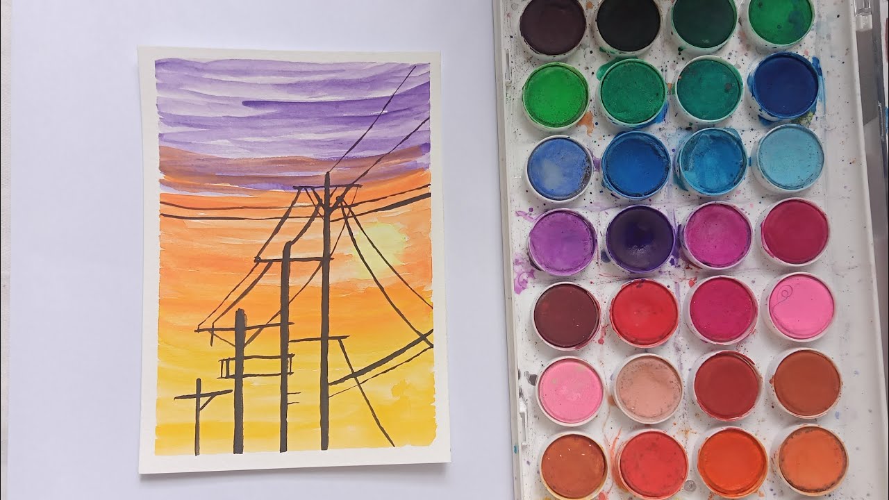 Sunset Power line Painting for beginners|Simbalion Watercolor|step by ...