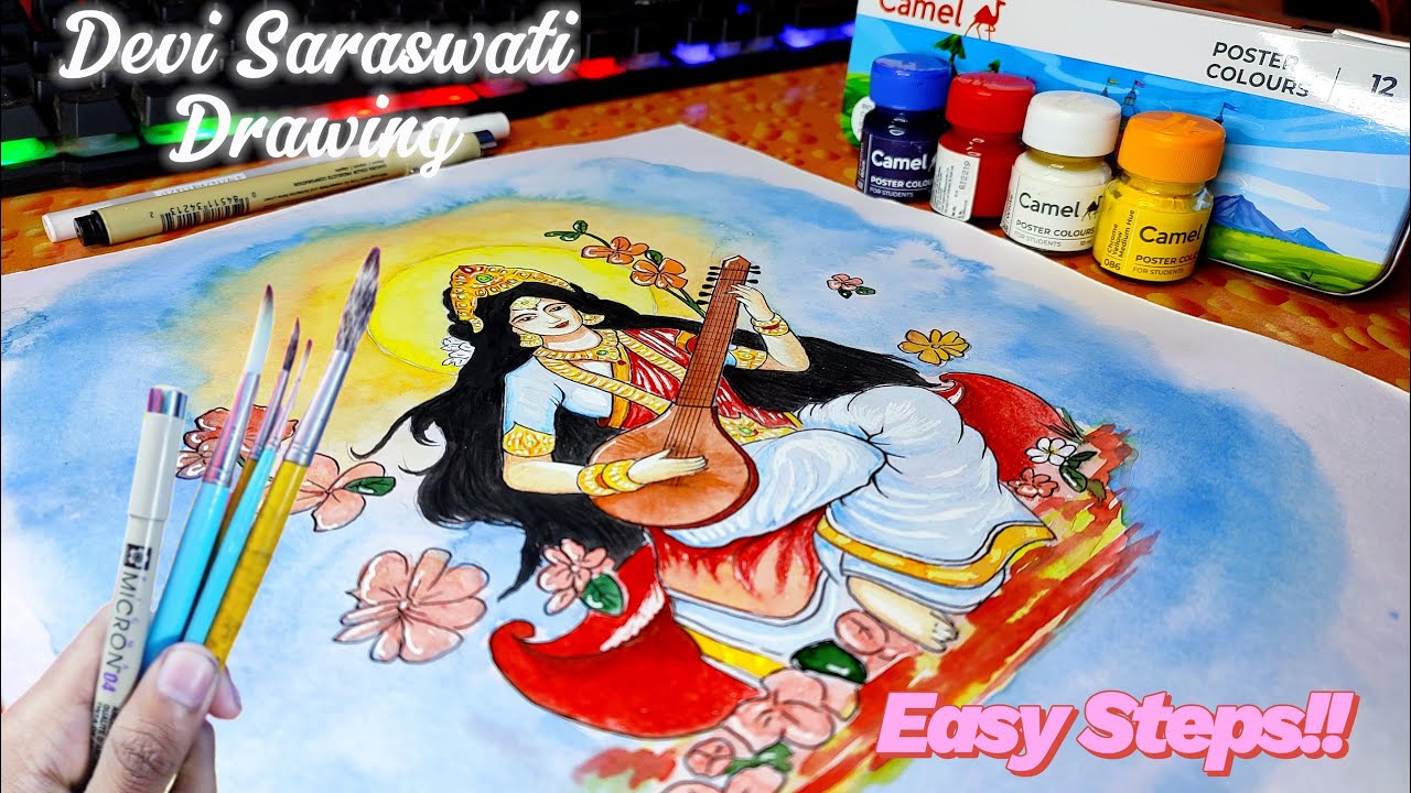 Devi Saraswati Drawing Using Water colors || Tutorial Video - YouTube